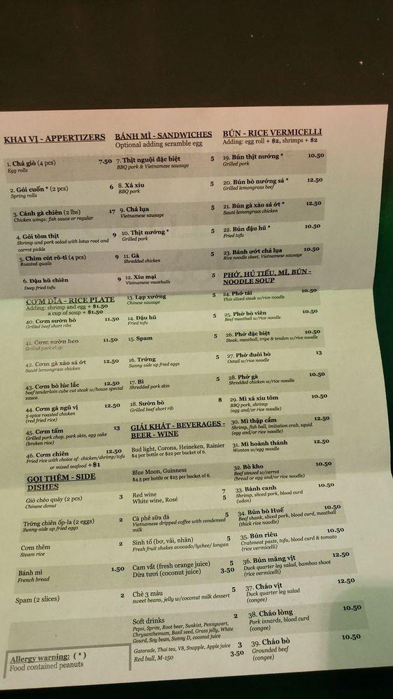 Menu at Billiard Hoang restaurant, Seattle