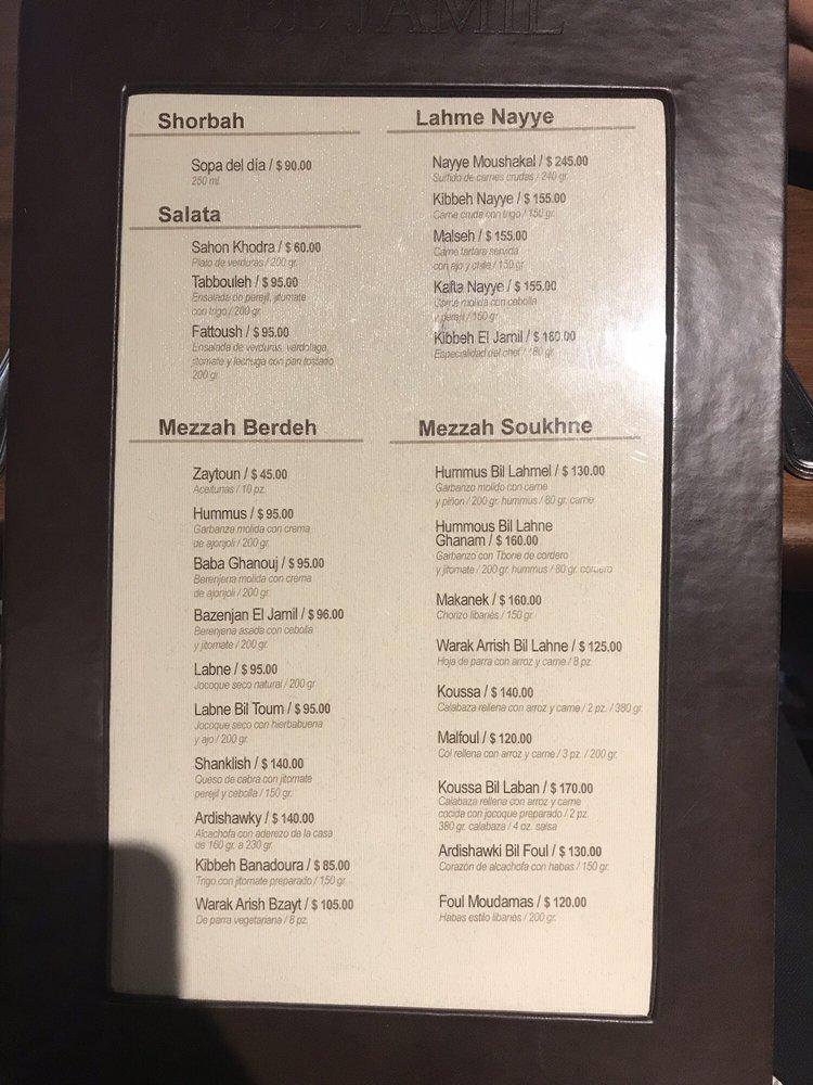 Menu at El Jamil restaurant, Mexico City