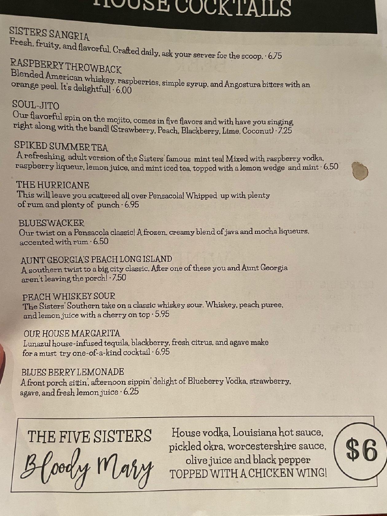 Menu at Five Sisters Blues Cafe, Pensacola