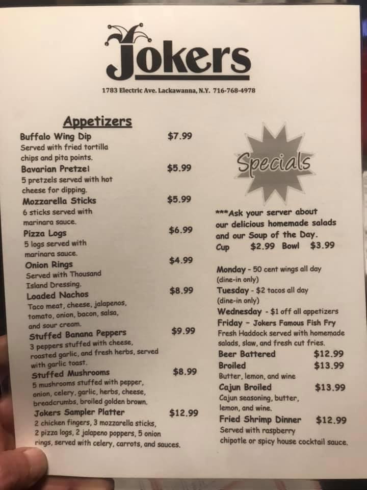 Menu at Jokers Bar, Lackawanna