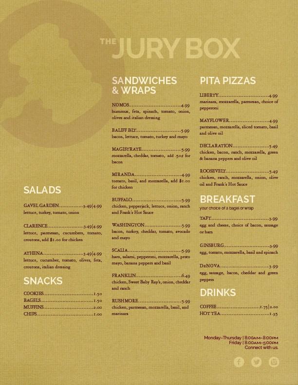 Menu at Jury Box restaurant, Dayton, 300 College Ave