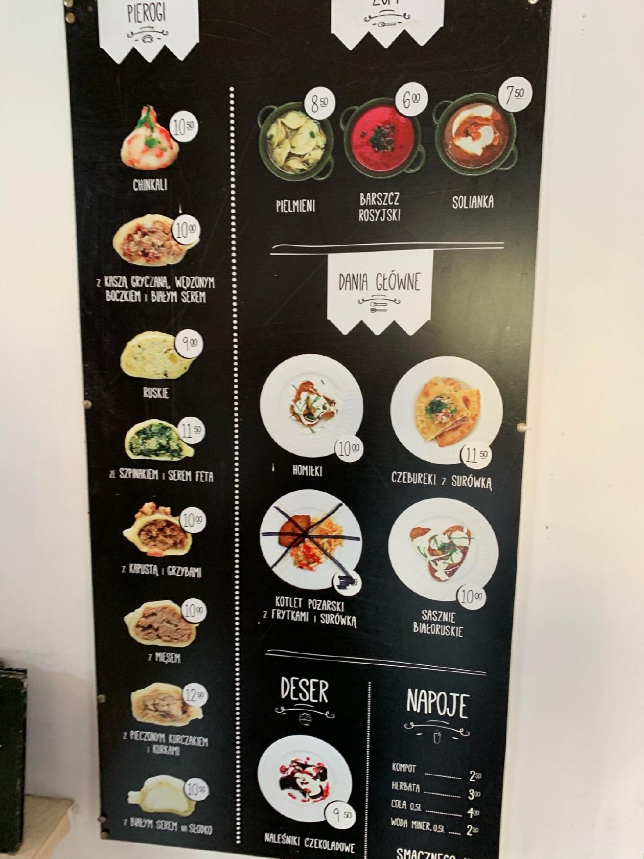 Menu at Matrioszka restaurant, Radom