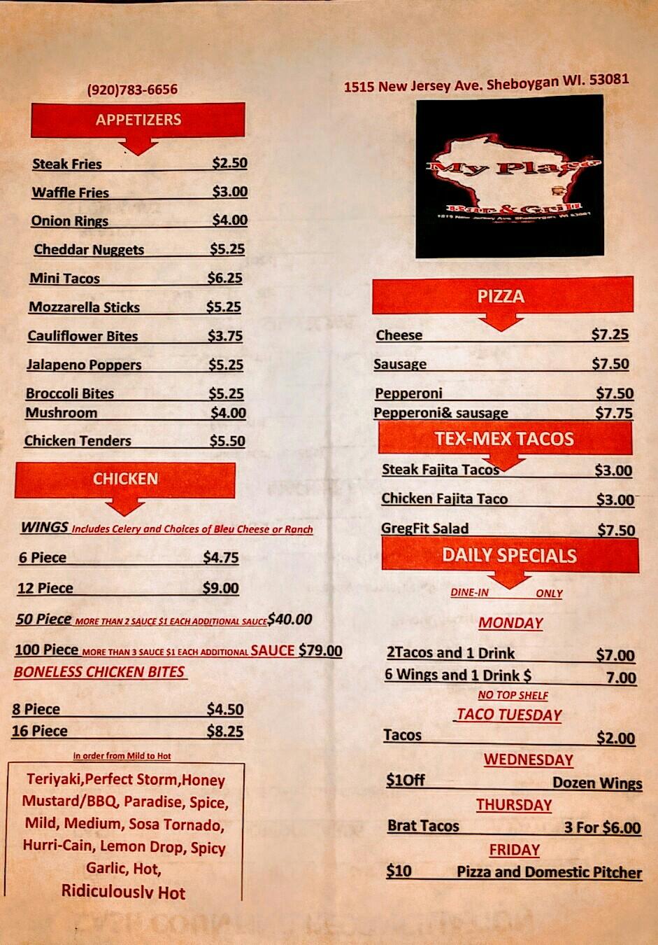 Menu at My Place Bar & Grill, Sheboygan