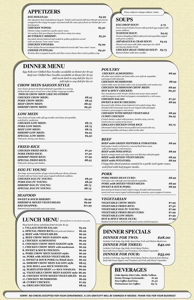 Menu at Que Viet Village House 3 restaurant, Brooklyn Center
