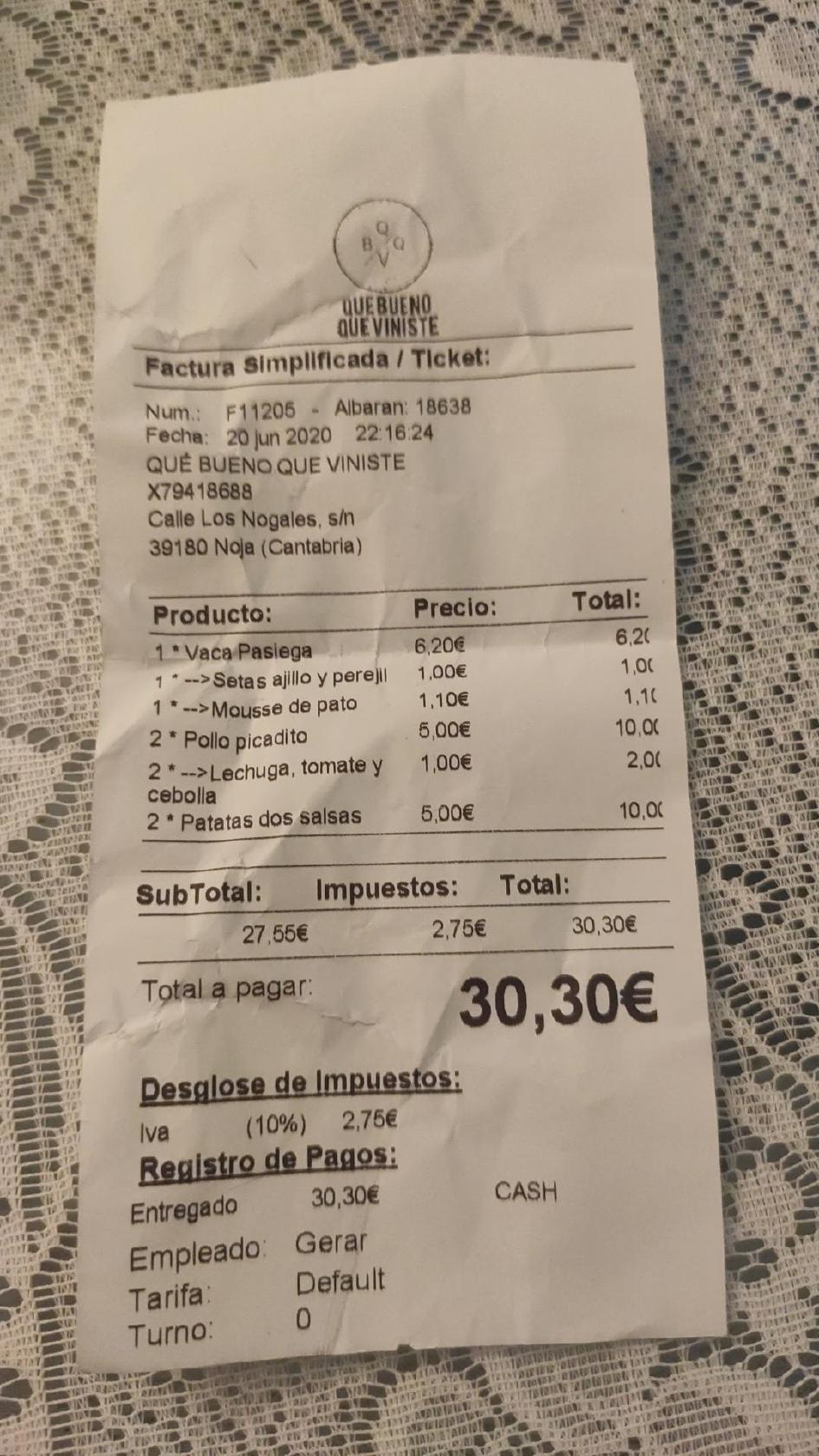 Carta del restaurante Qué bueno que viniste - Noja, Noja