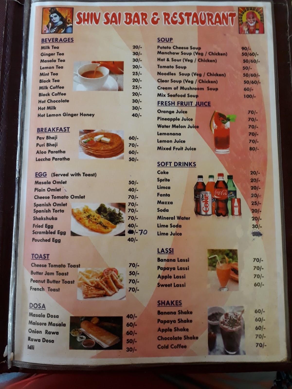 Menu at Shiv Sai thali house palolem beach Road Palolem Beach canacona ...