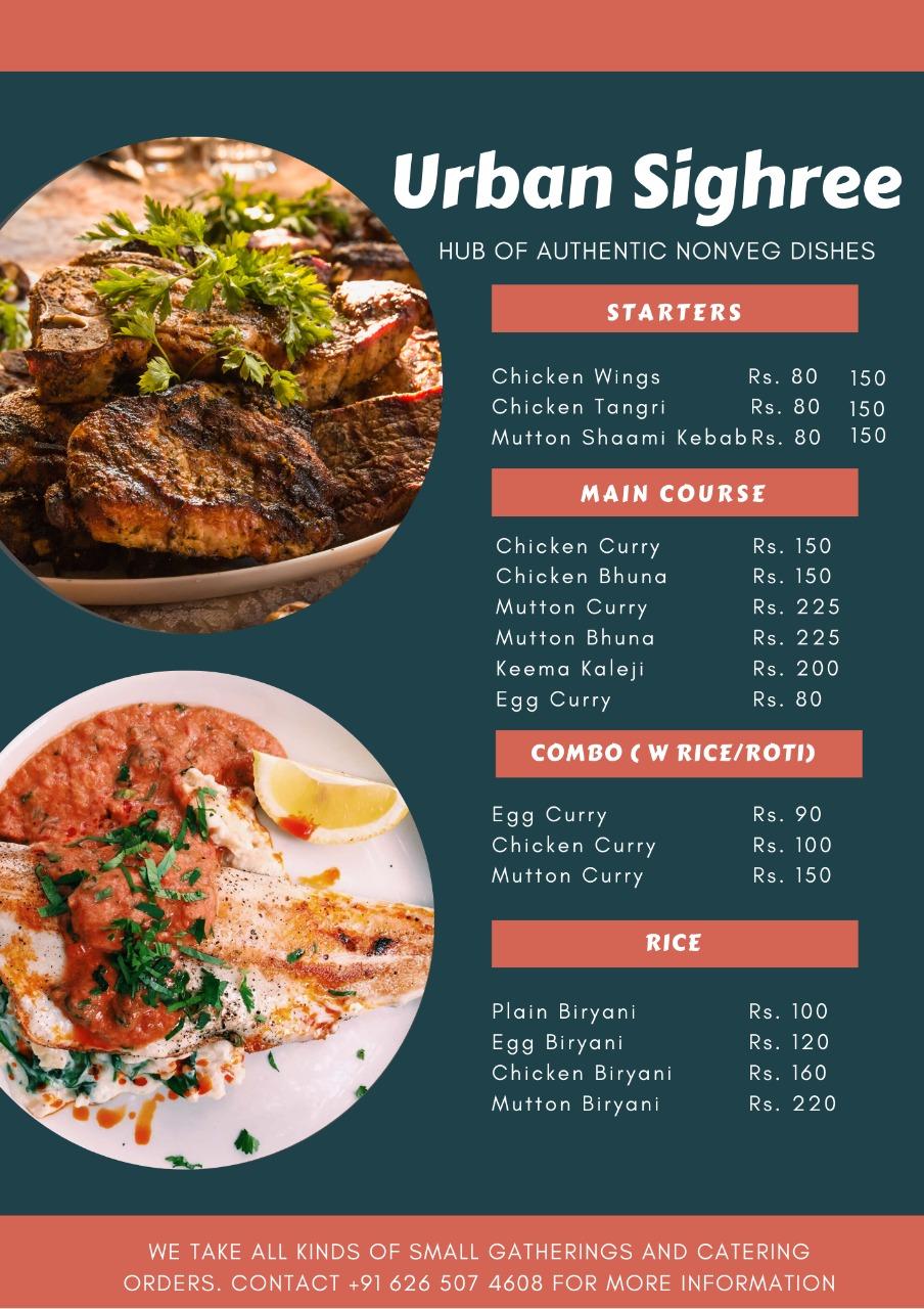Menu at Urban sigree, Bhopal