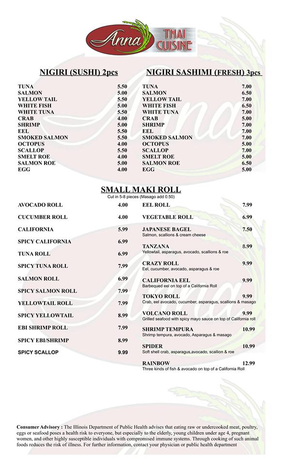 Menu at Anna Thai Restaurant, Decatur, 253 N Main St