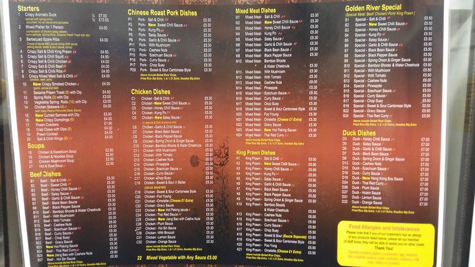 Menu at Golden River fast food, Newtownards