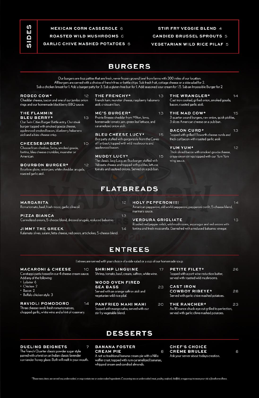Menu at Mad Cow pub & bar, Eagan