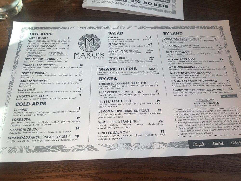 Menu at Mako's on the Creek restaurant, Cibolo