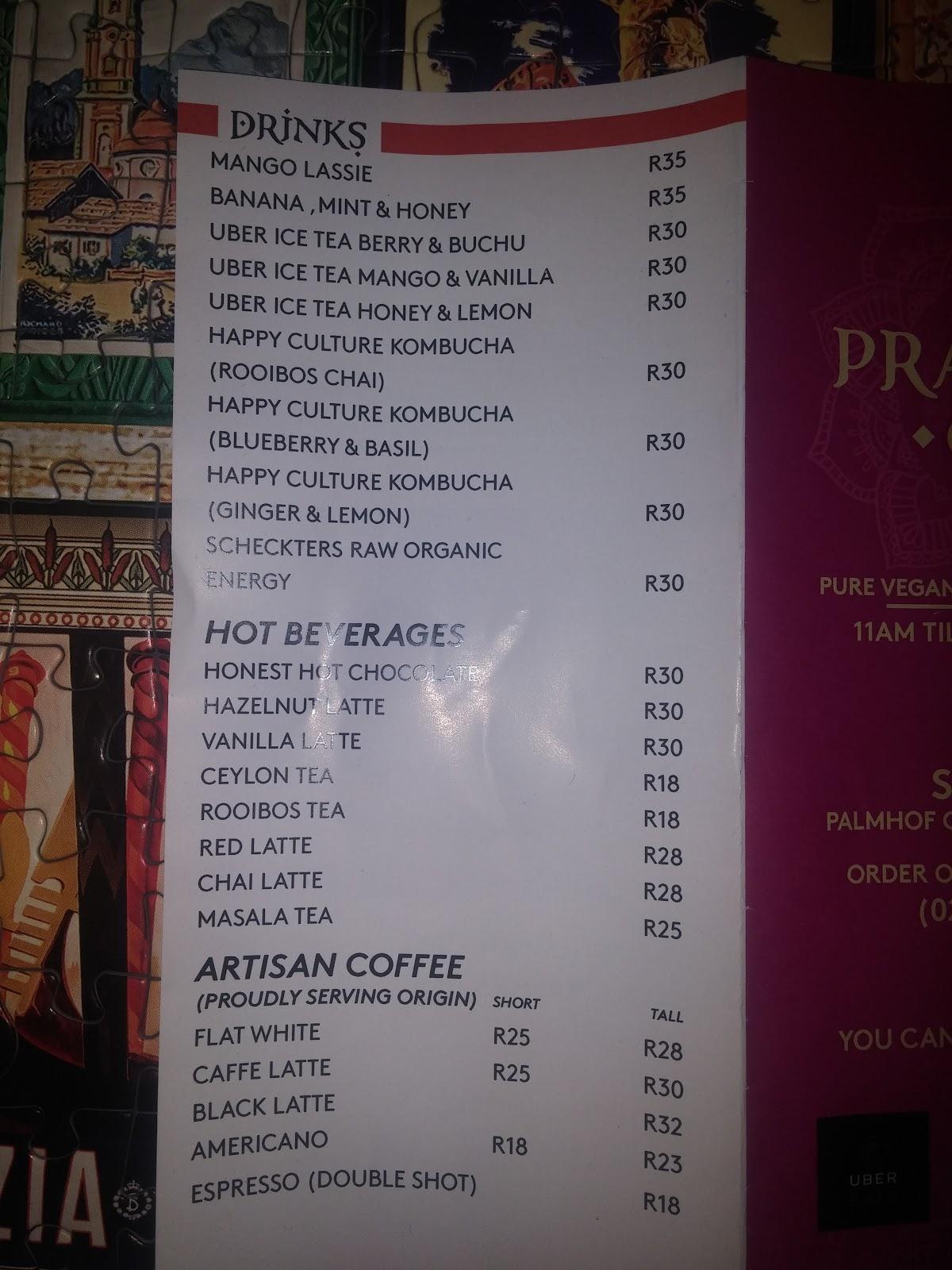 Menu at Prashad Café (Kloof Street) cafe, Cape Town