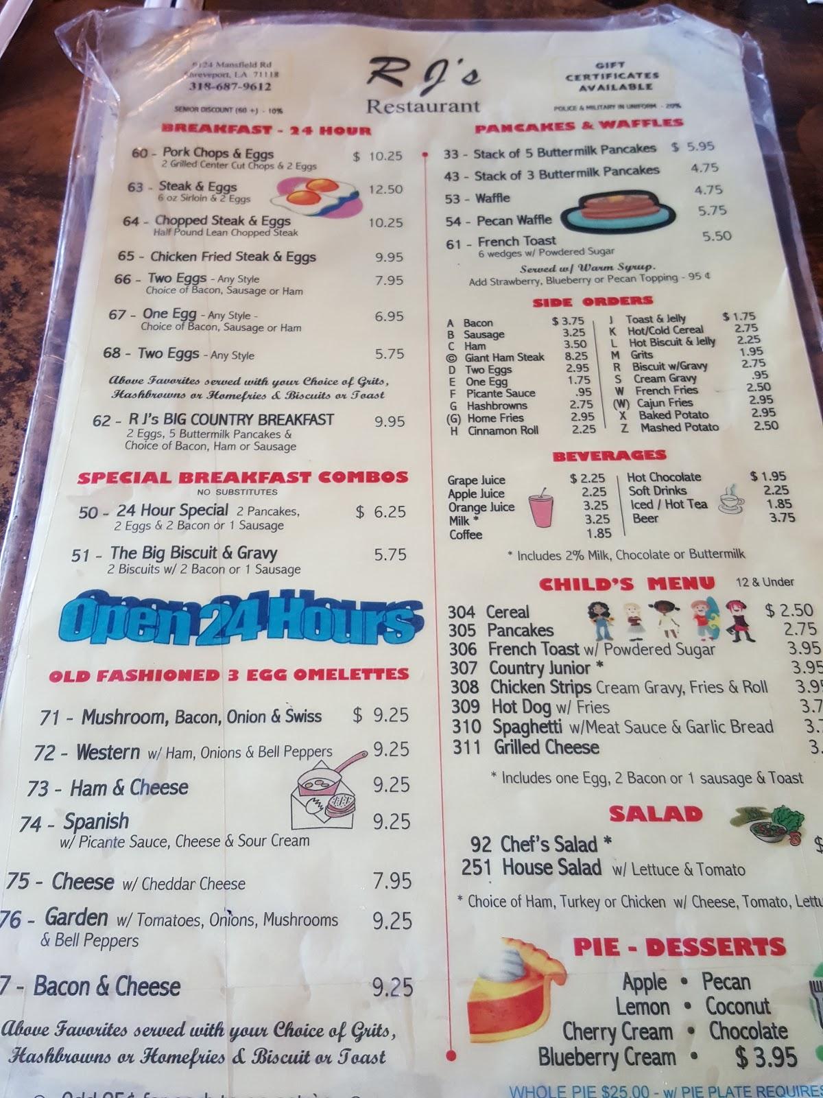 Menu at RJ's restaurant, Shreveport