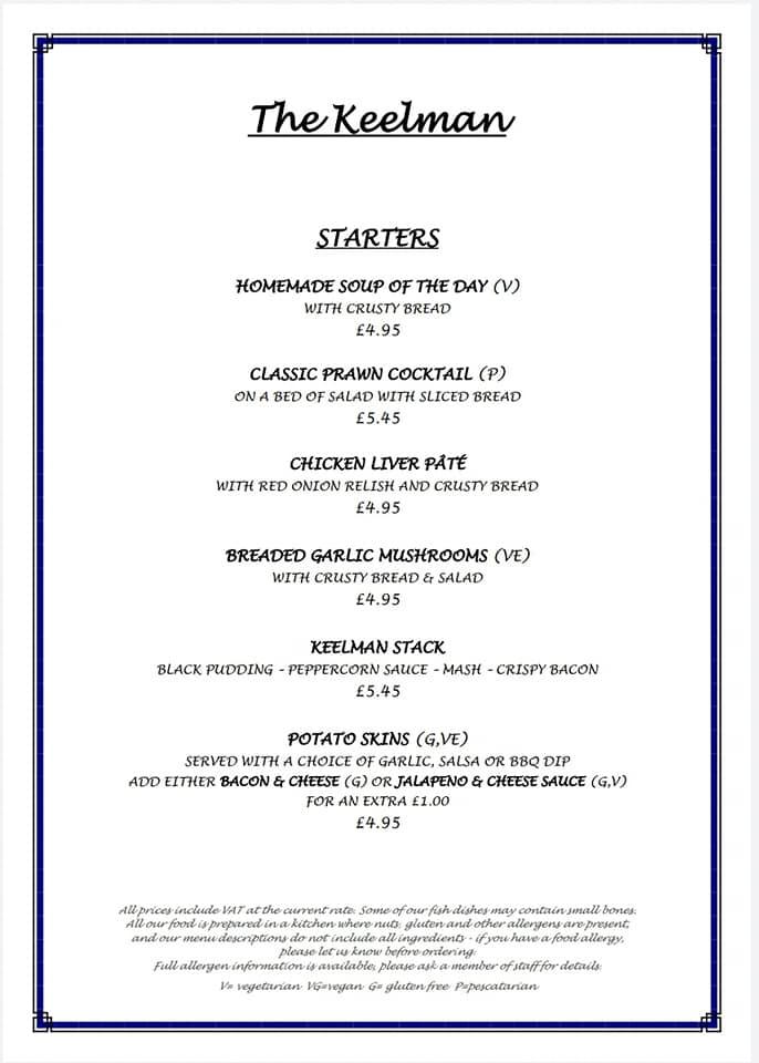 Menu at The Keelman pub & bar, Newcastle upon Tyne, Grange Road
