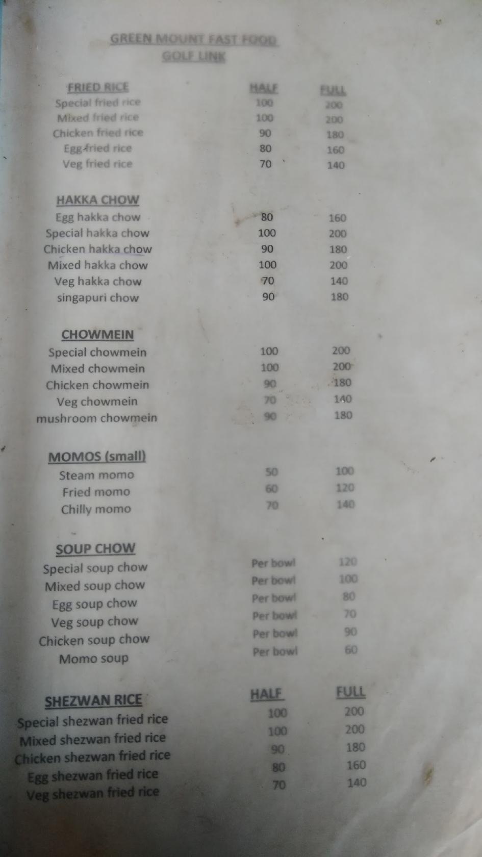 Menu at Green Mount Fast Food, Shillong