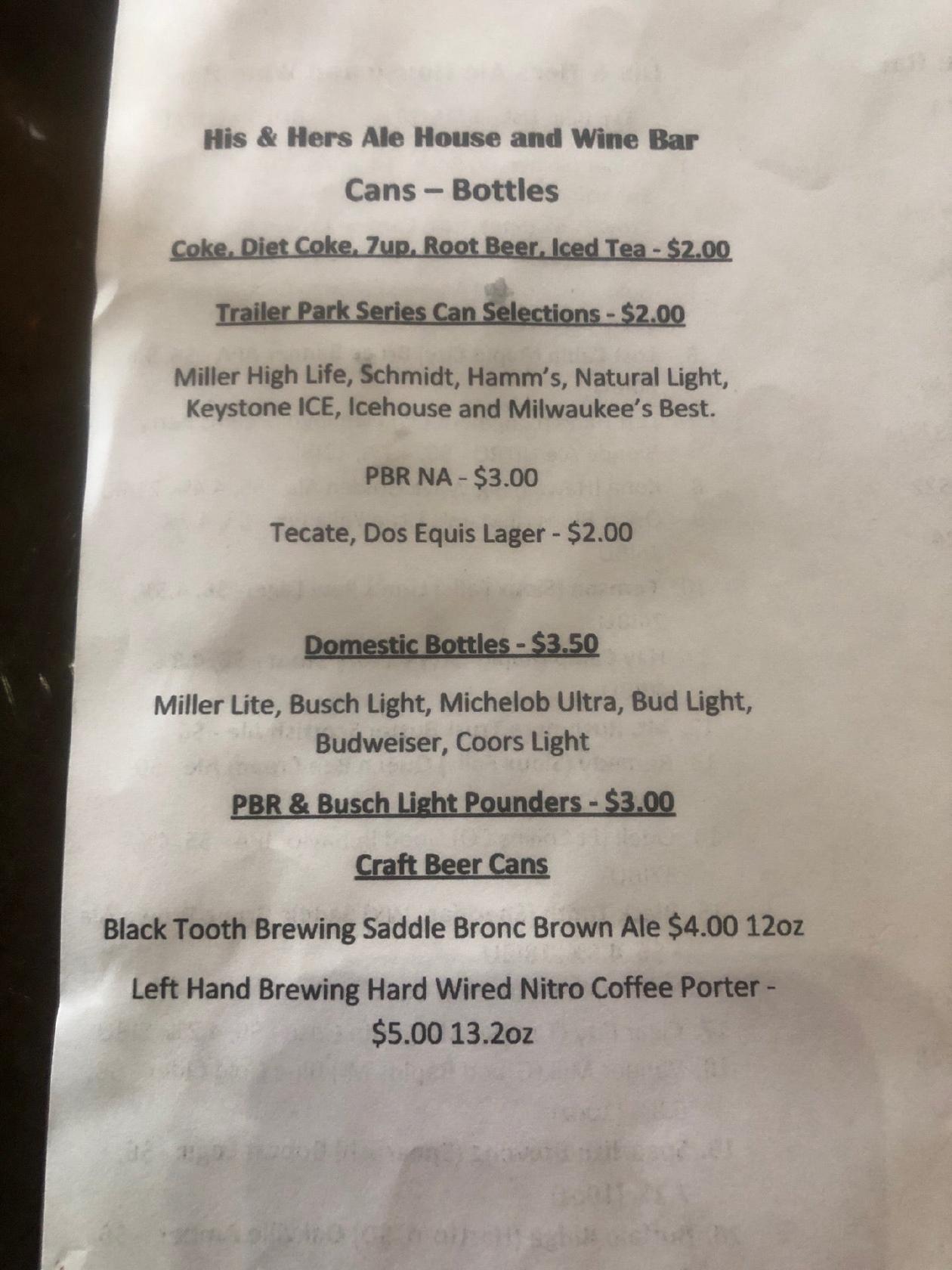 Menu at His & Hers Ale House and Wine Bar, Deadwood