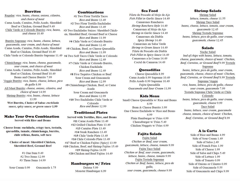 Menu at La Cascada Mexican Food Restaurant, Willows