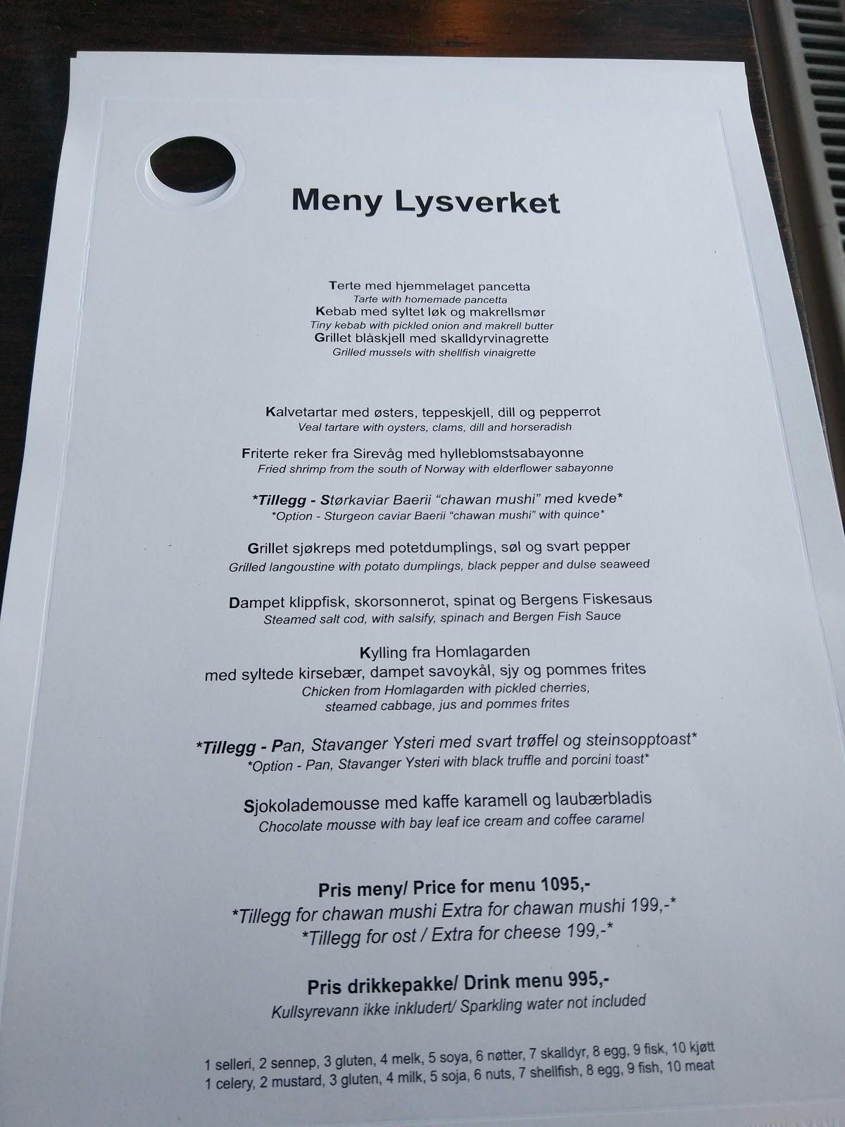 Menu at Lysverket restaurant, Bergen