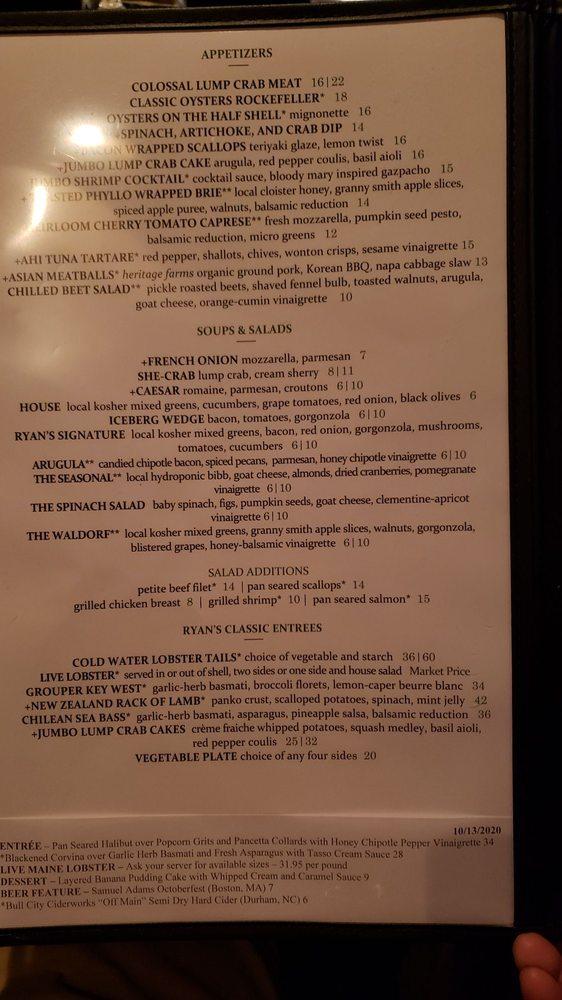 Menu at Ryan's Restaurant, Winston-Salem