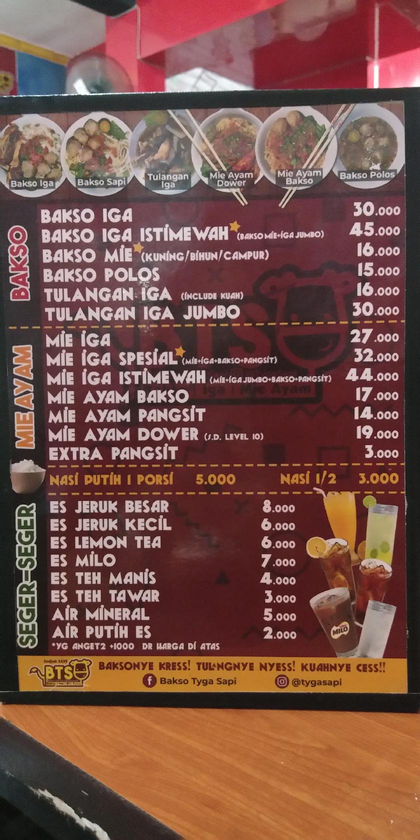 Menu at Bakso Tyga Sapi - Sungai Raya Dalam restaurant, Pontianak