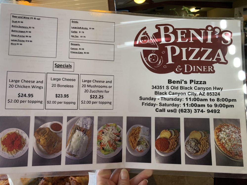 Menu at Beni's Pizza pizzeria, Black Canyon City, Old Black Canyon Hwy