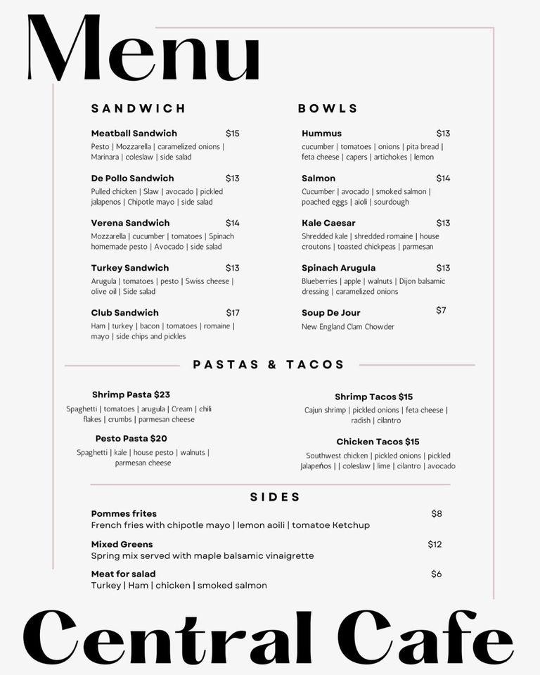 Menu at Central Cafe, Saint Johnsbury