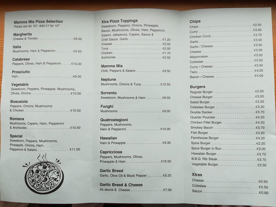 Menu at Mamma Mia Take Away pizzeria, Newmarket on Fergus