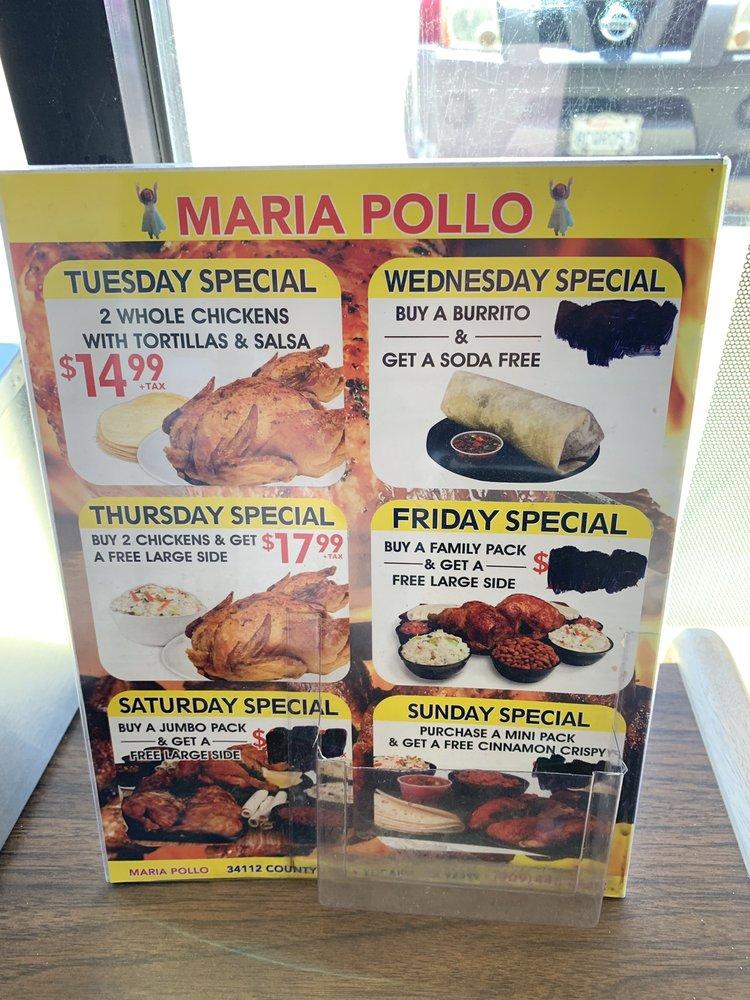 Menu at Maria Pollo restaurant, Yucaipa