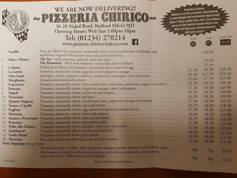 Menu at pizzeria chirico, Bedford