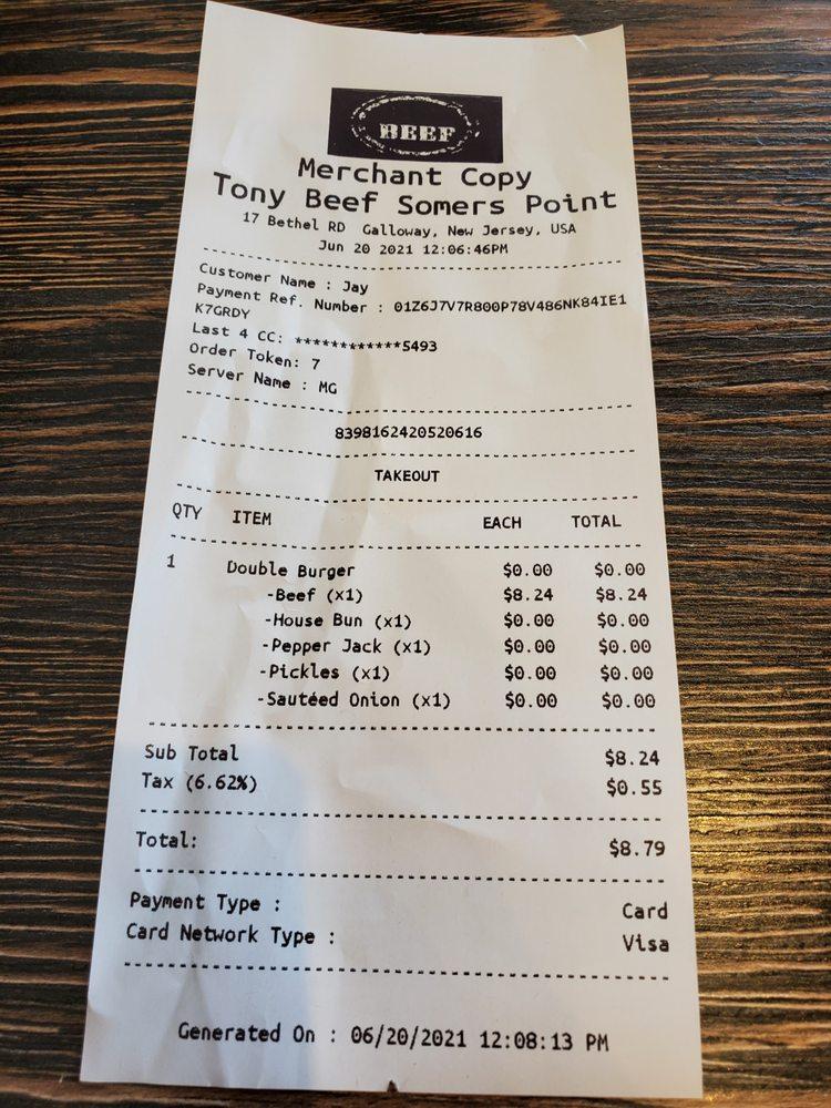 Menu at Tony Beef restaurant, Somers Point