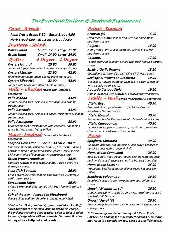 Menu at Tre Bambini Italian & Seafood Restaurant, Berry
