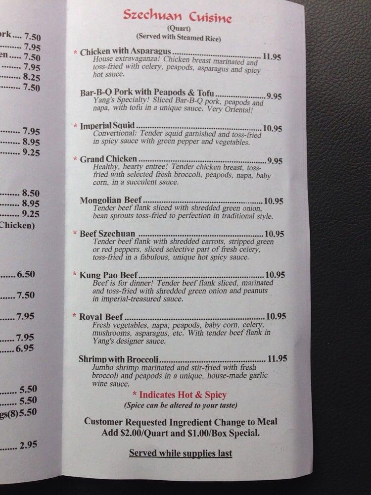 Menu at Yang's Chinese Restaurant, Woodbury