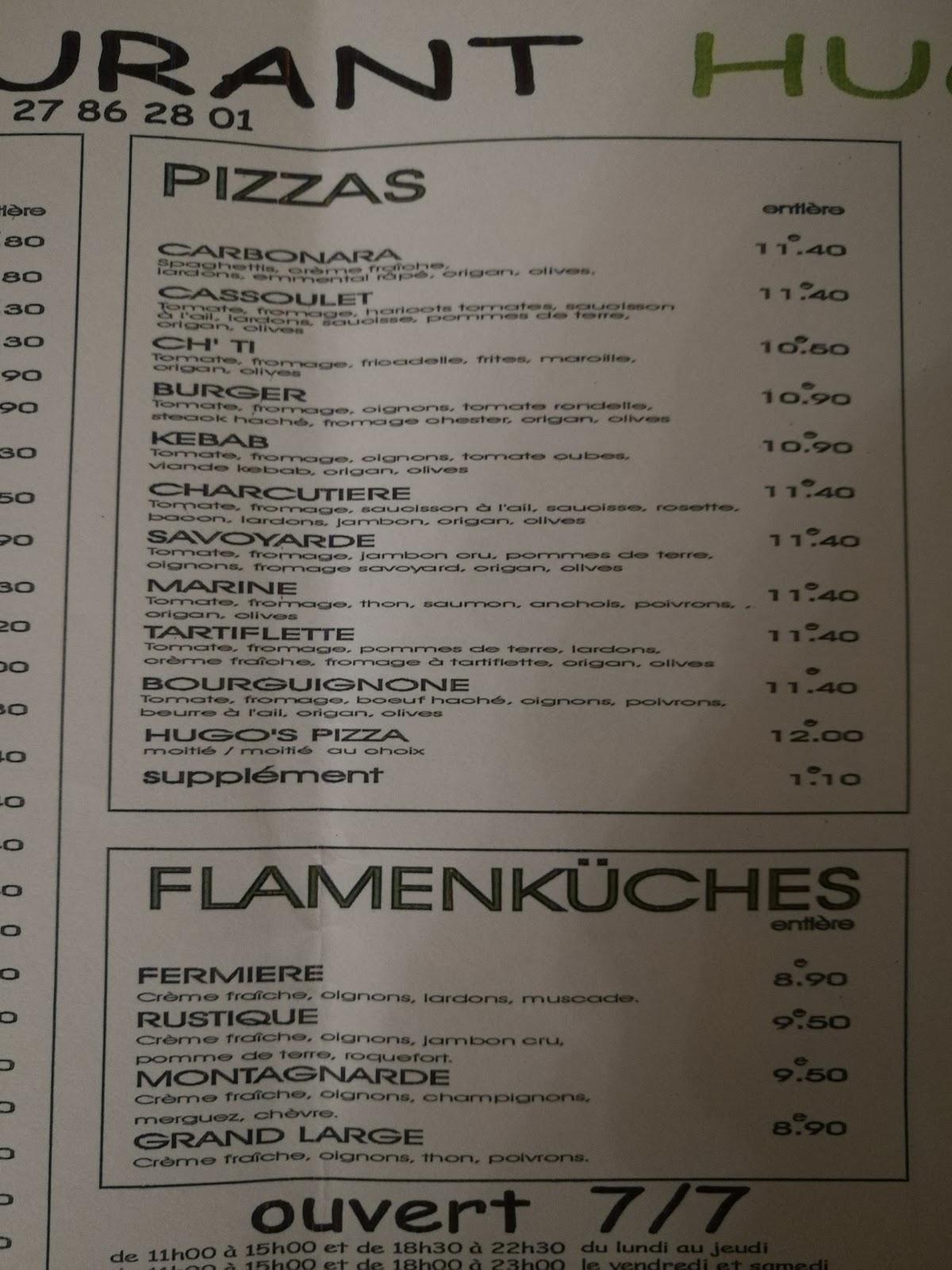 Menu au Hugo Pizza pizzeria, Somain