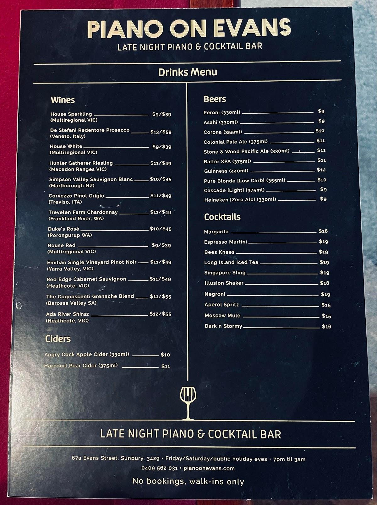 Menu at Piano on Evans pub & bar, Sunbury