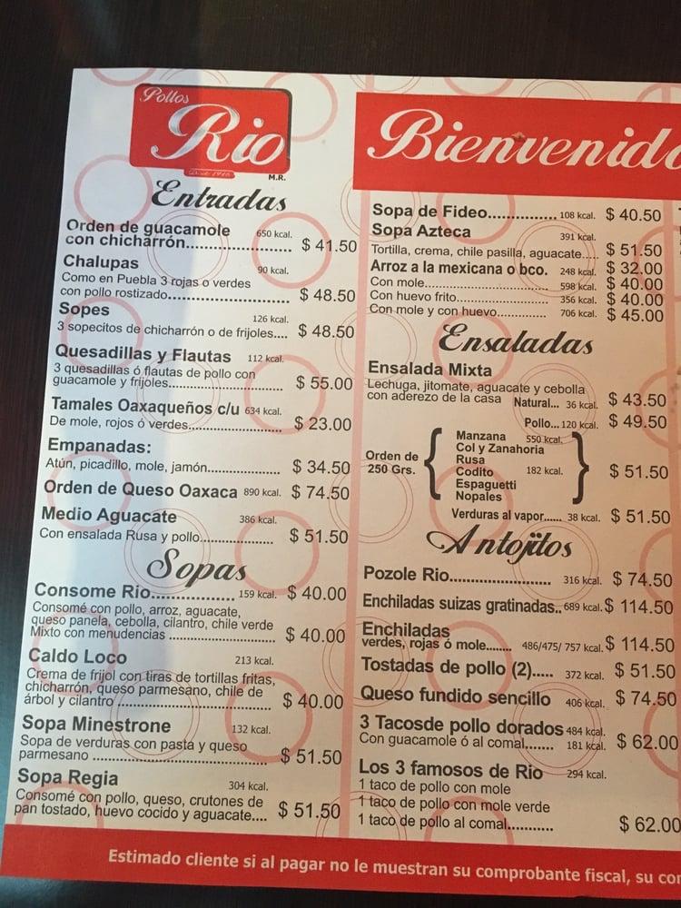 Menu at Pollos Río Gutenberg restaurant, Mexico City, Gutenberg 16