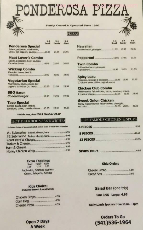 Menu at Ponderosa Pizza Parlor pizzeria, La Pine