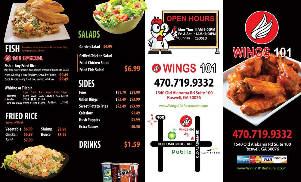 Menu at Wings 101 restaurant, Roswell
