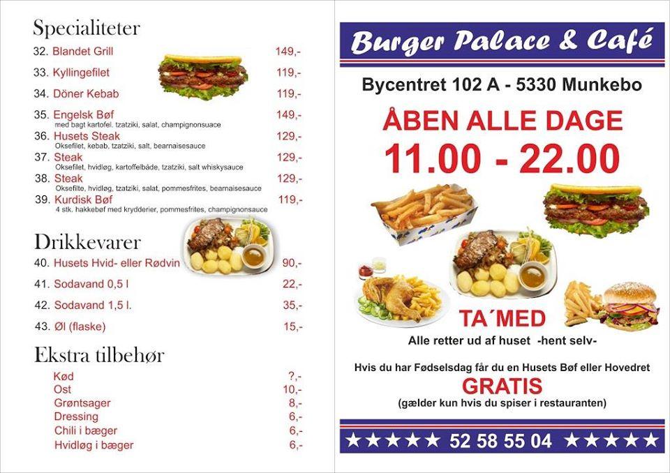 Menu at Burger Palace restaurant, Munkebo