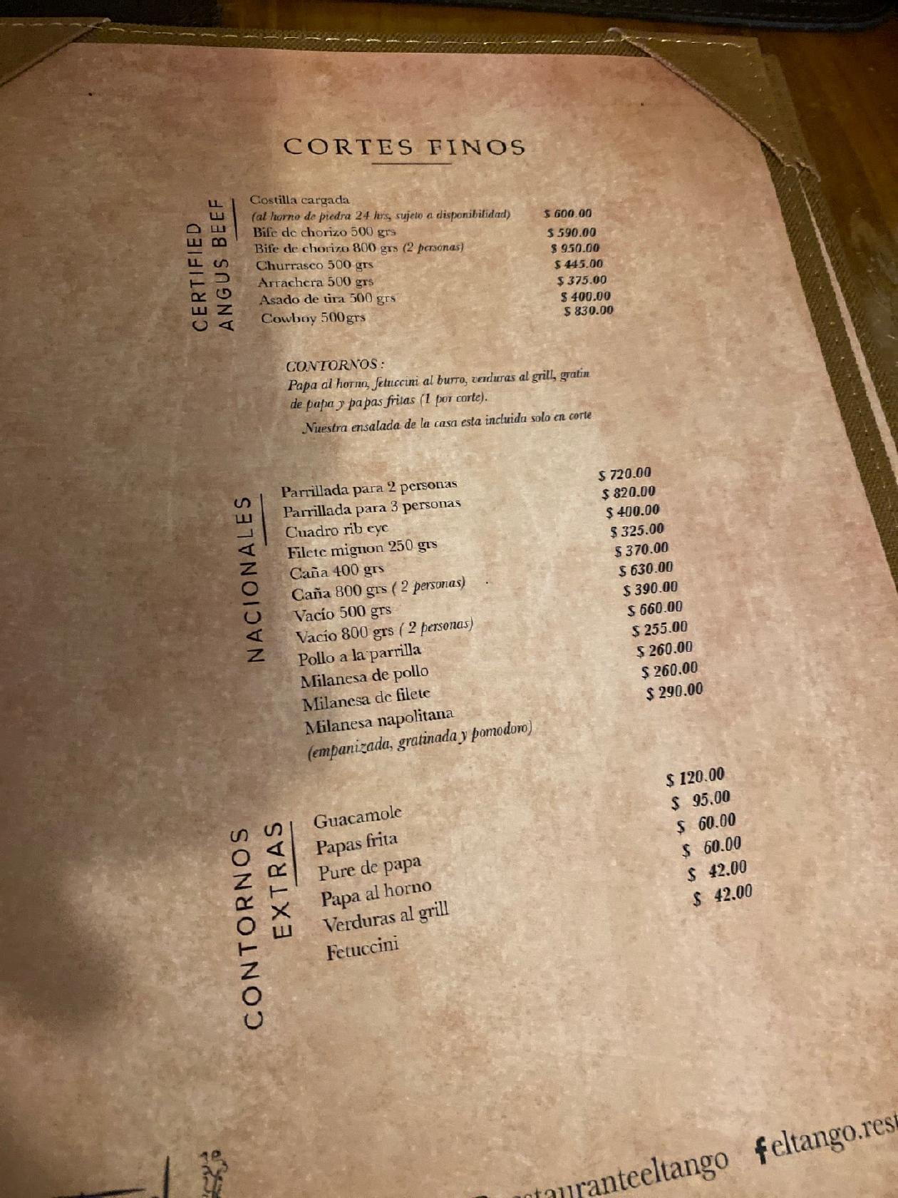 Carta del restaurante El Tango, Zapopan