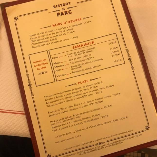 Menu au Le Bistrot Du Parc restaurant, Neuilly-sur-Seine, 15 Bd Jean Mermoz