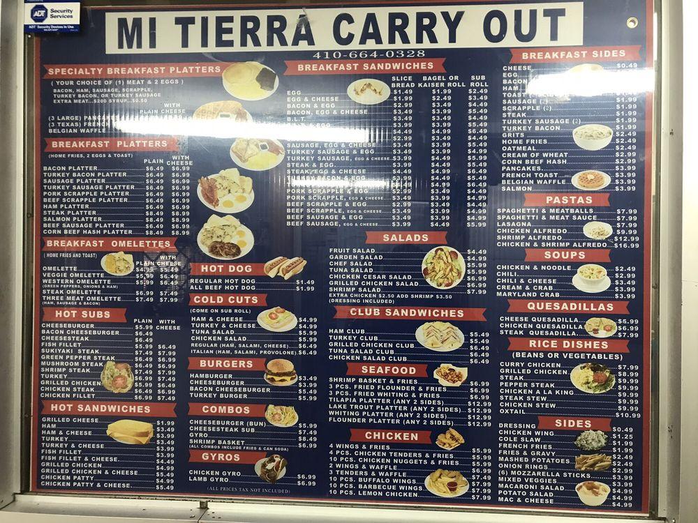 Menu at Mi Tierra carryout and grocery restaurant, Baltimore