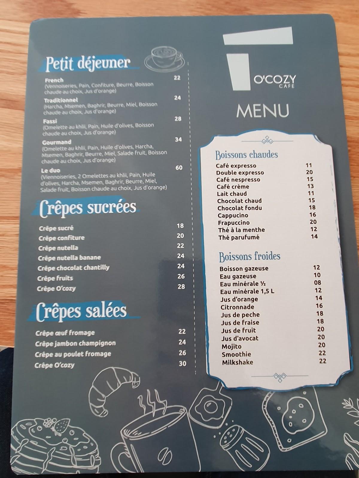 Menu at O'cozy restaurant, Tamesna