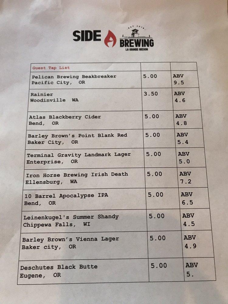 Menu at Side A Brewing pub & bar, La Grande, Washington Ave