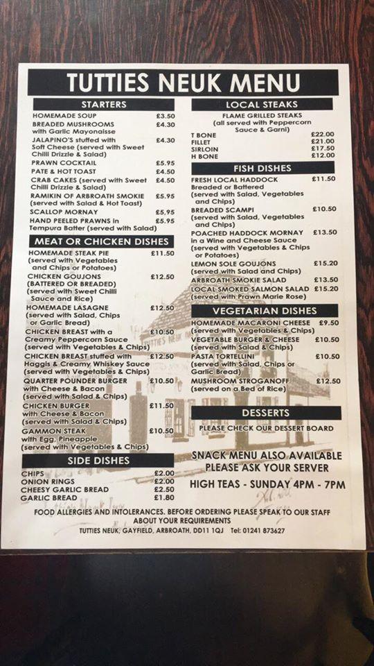 Menu at Tutties Neuk Inn pub & bar, Arbroath, Gayfield