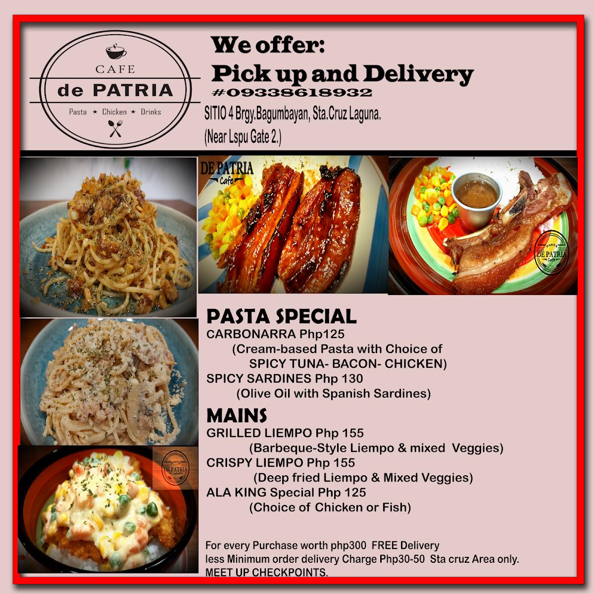 Menu at Cafè de Patria restaurant, Pagsanjan