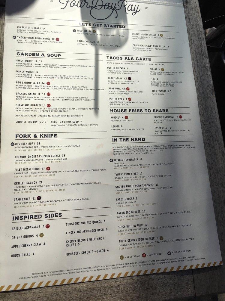 Menu at Four Day Ray Brewing pub & bar, Fishers