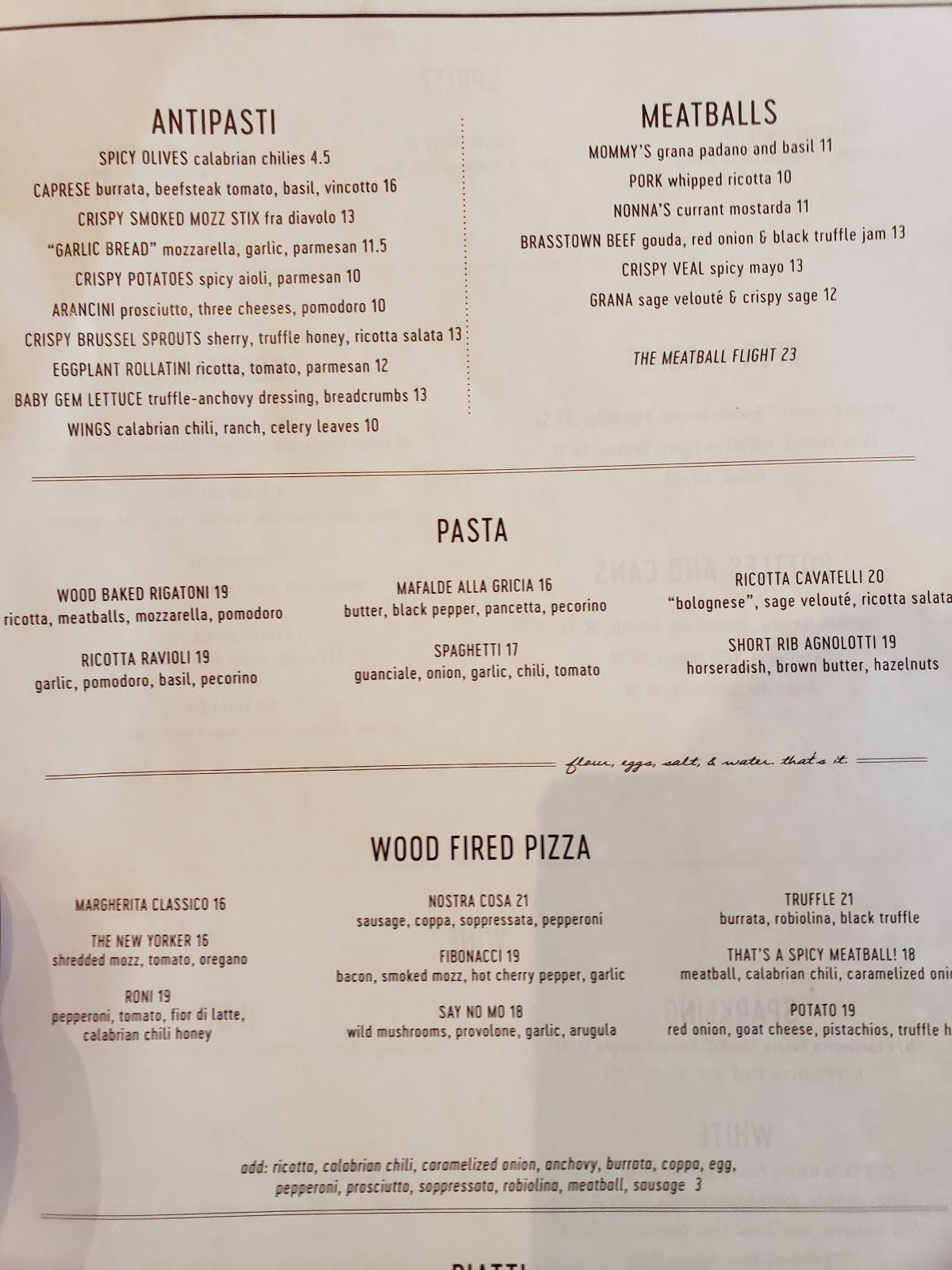 Menu at Grana pizzeria, Atlanta