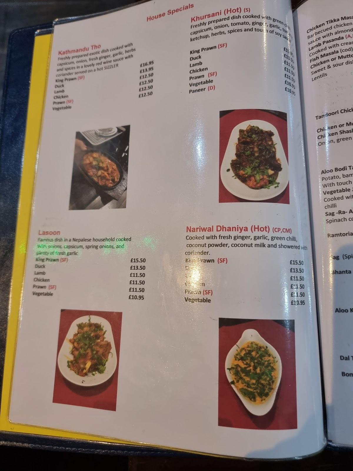 Menu at Great Nepalese restaurant, London