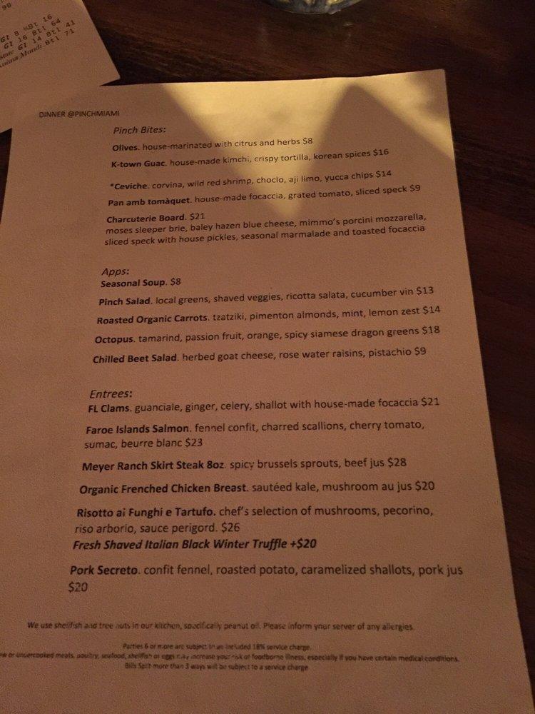 Menu at PINCH KITCHEN+BAR, Miami