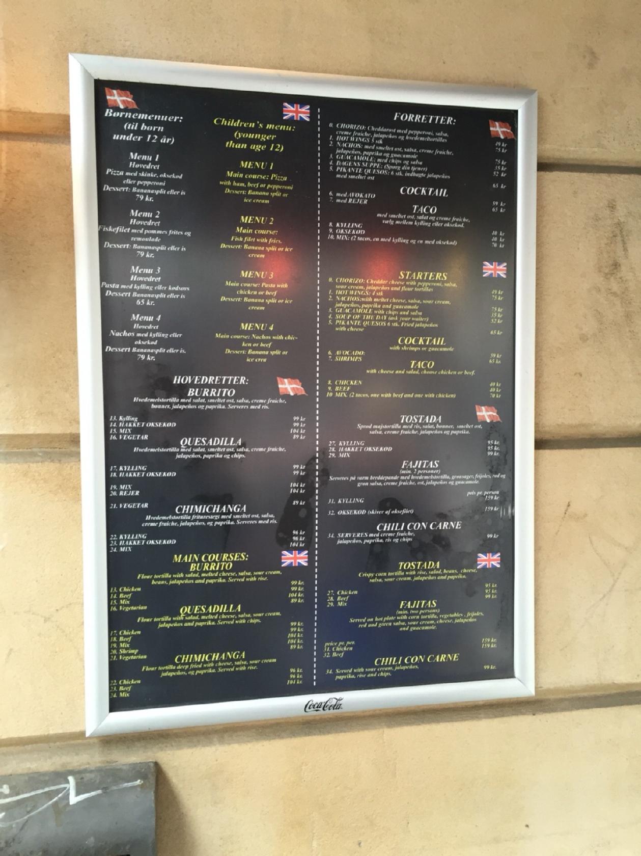 Menu at Senorita Restaurant, Copenhagen